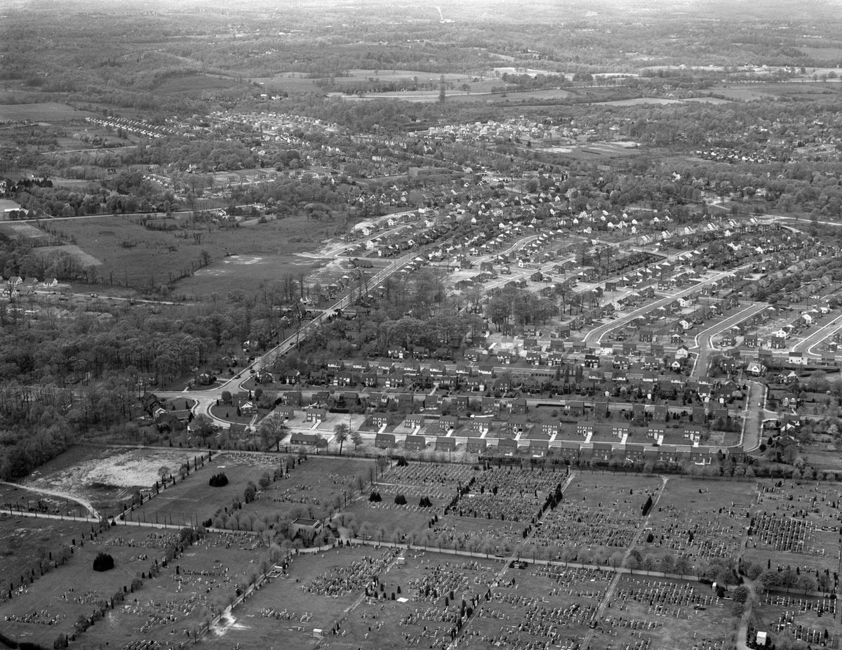 Aerial view taken over Springfield Township, Delaware County, Pa ...