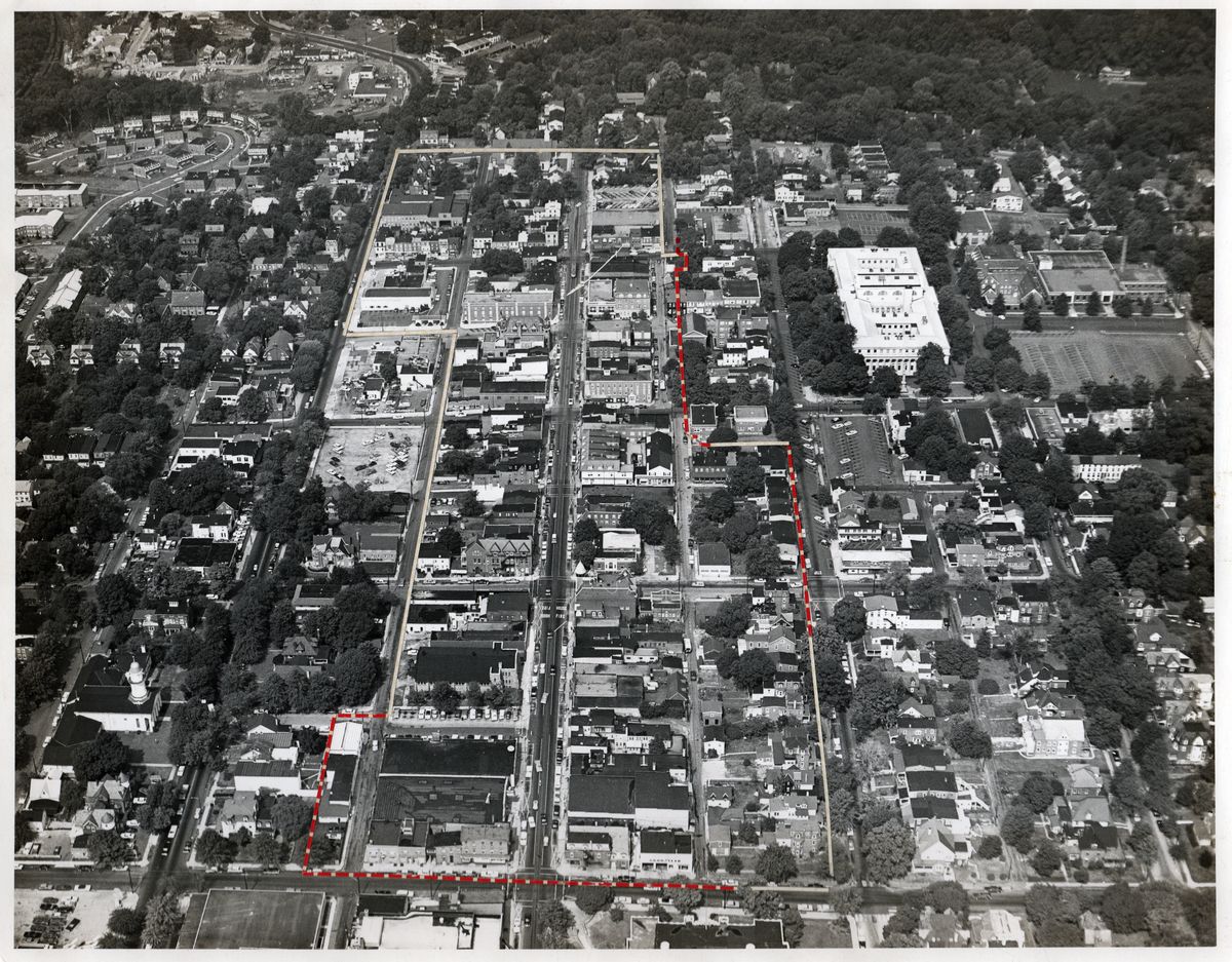 Aerial view of central section of Media, Pa., looking west from above ...