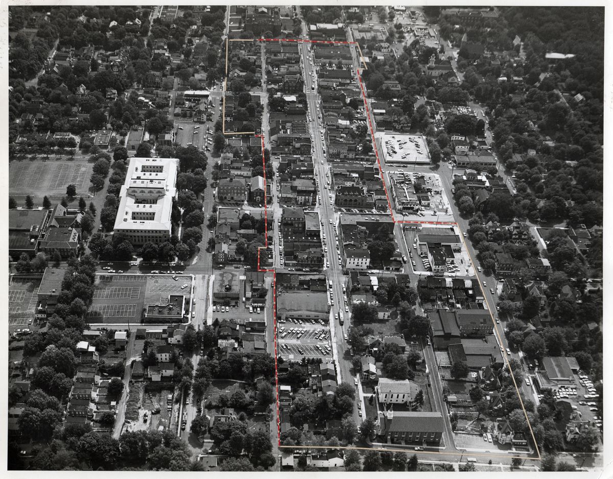 Aerial view of central section of Media, Pa., looking east from above ...